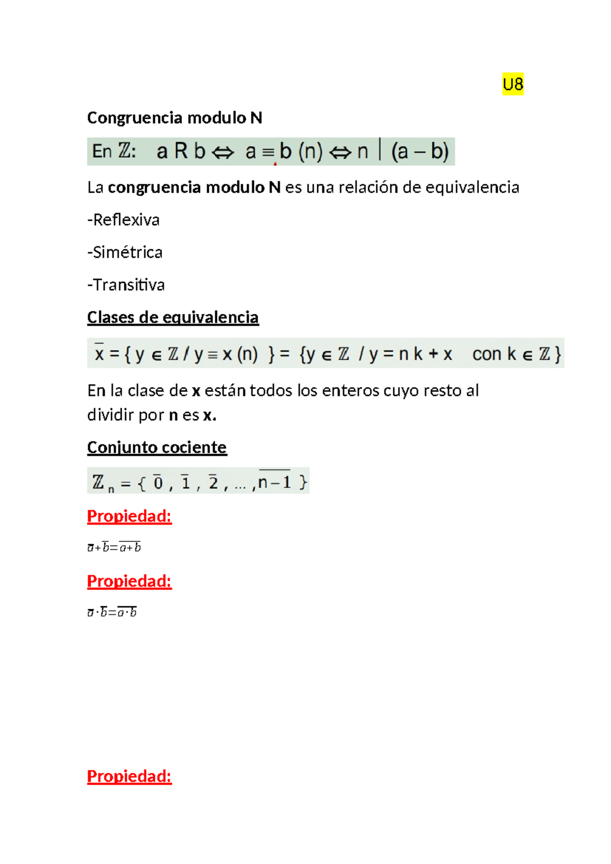 Resumen U8 - U Congruencia modulo N La congruencia modulo N es una ...