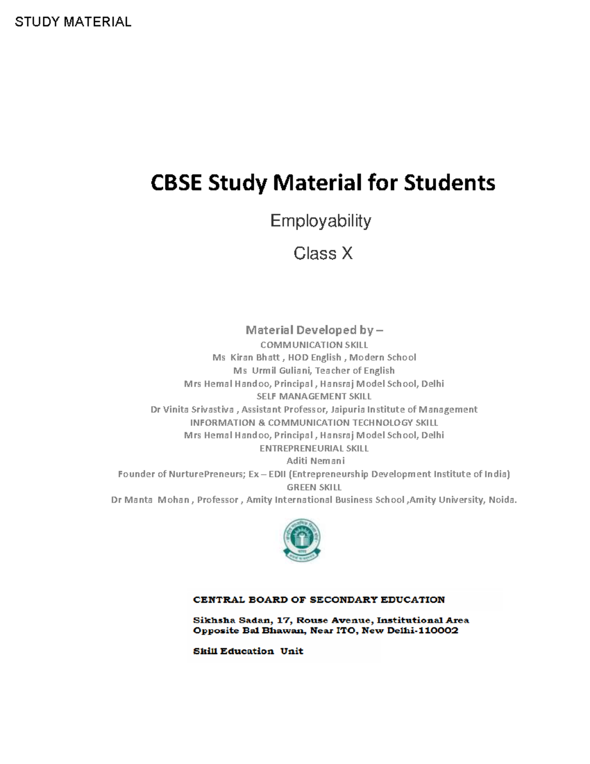 CBSE Class X Communication Skills Study Material and Activities - Studocu