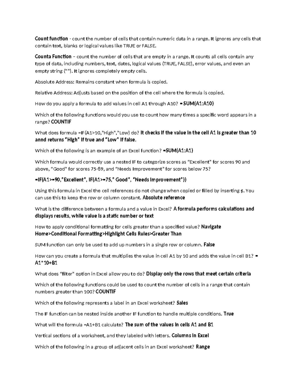 It-midterms - Notes - Count function - count the number of cells that ...