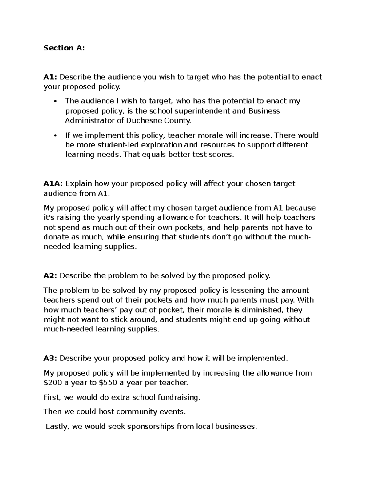 Task 3: Proposed Policy Impact on Duchesne County Educators - D268 ...