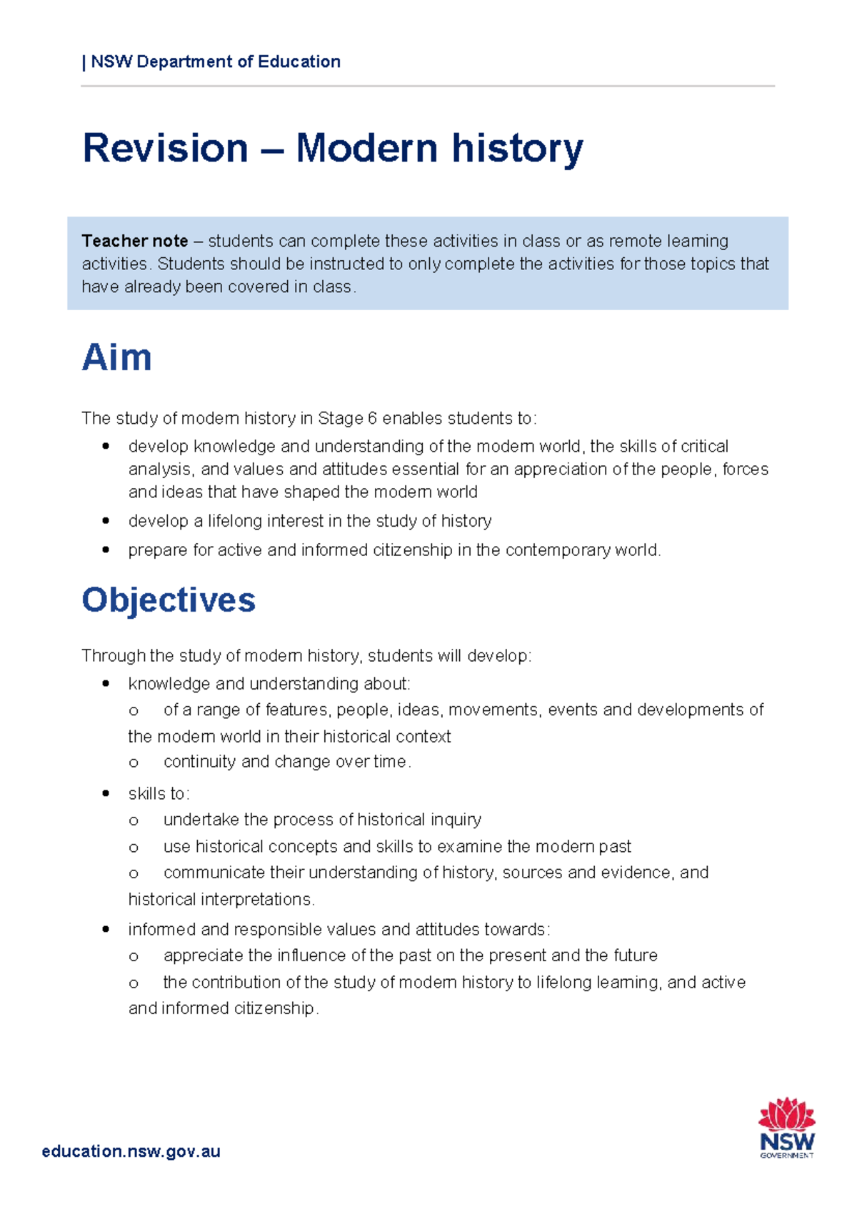 HSC Modern History Revision Activities for Stage 6 Students - Studocu