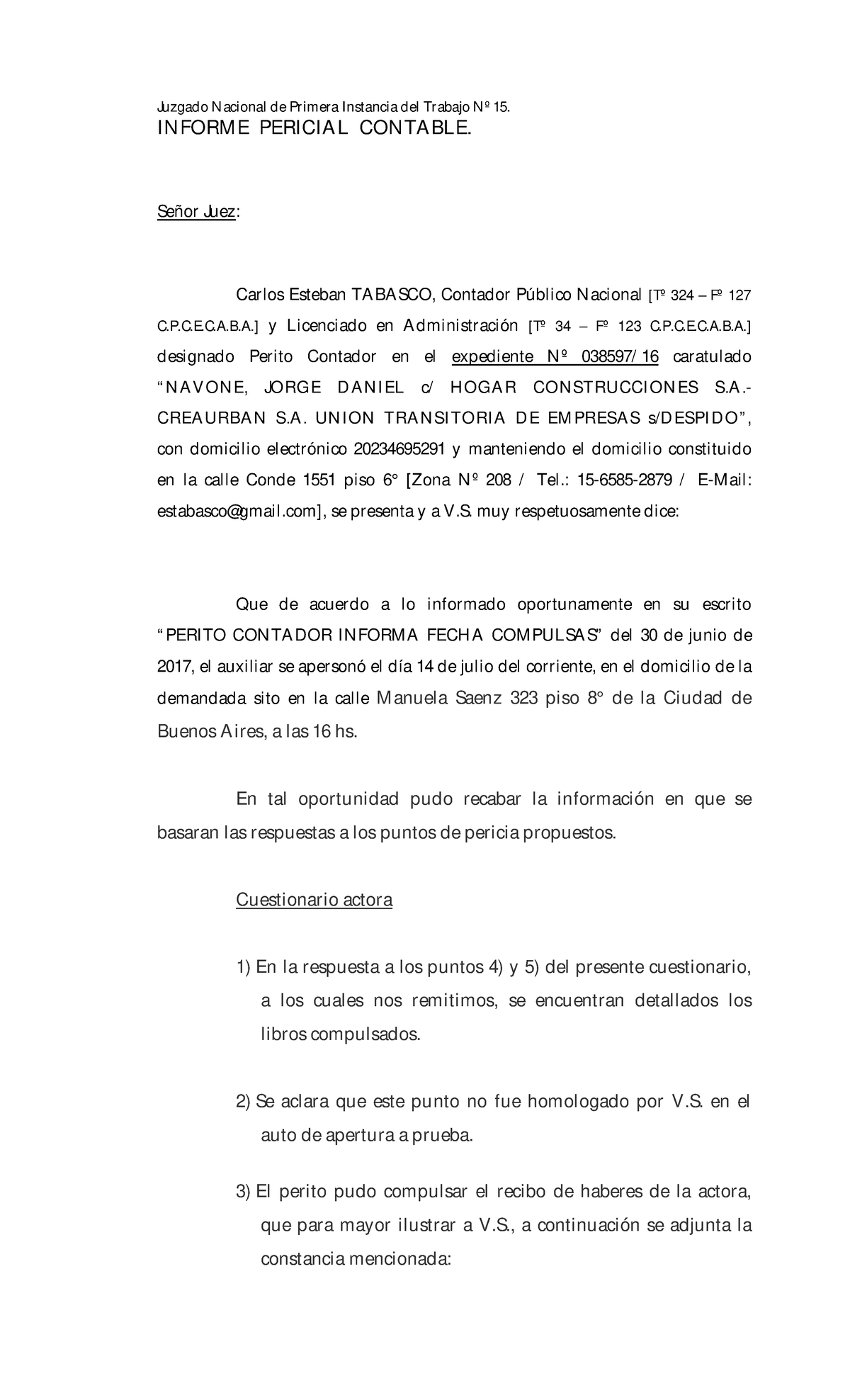 Informe Pericial Contable - Juzgado Nacional de Trabajo Nº 15 - Studocu