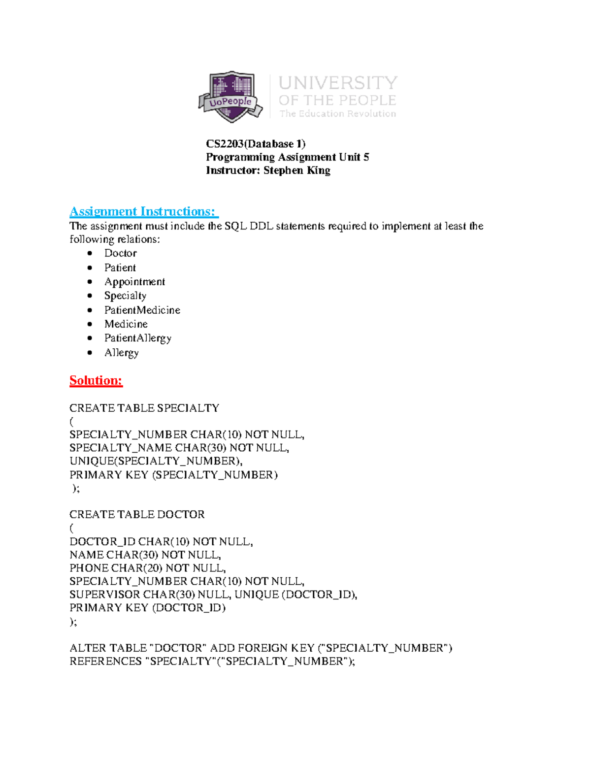 Programming Assignment Solution Unit 5 - CS2203(Database 1) Programming ...