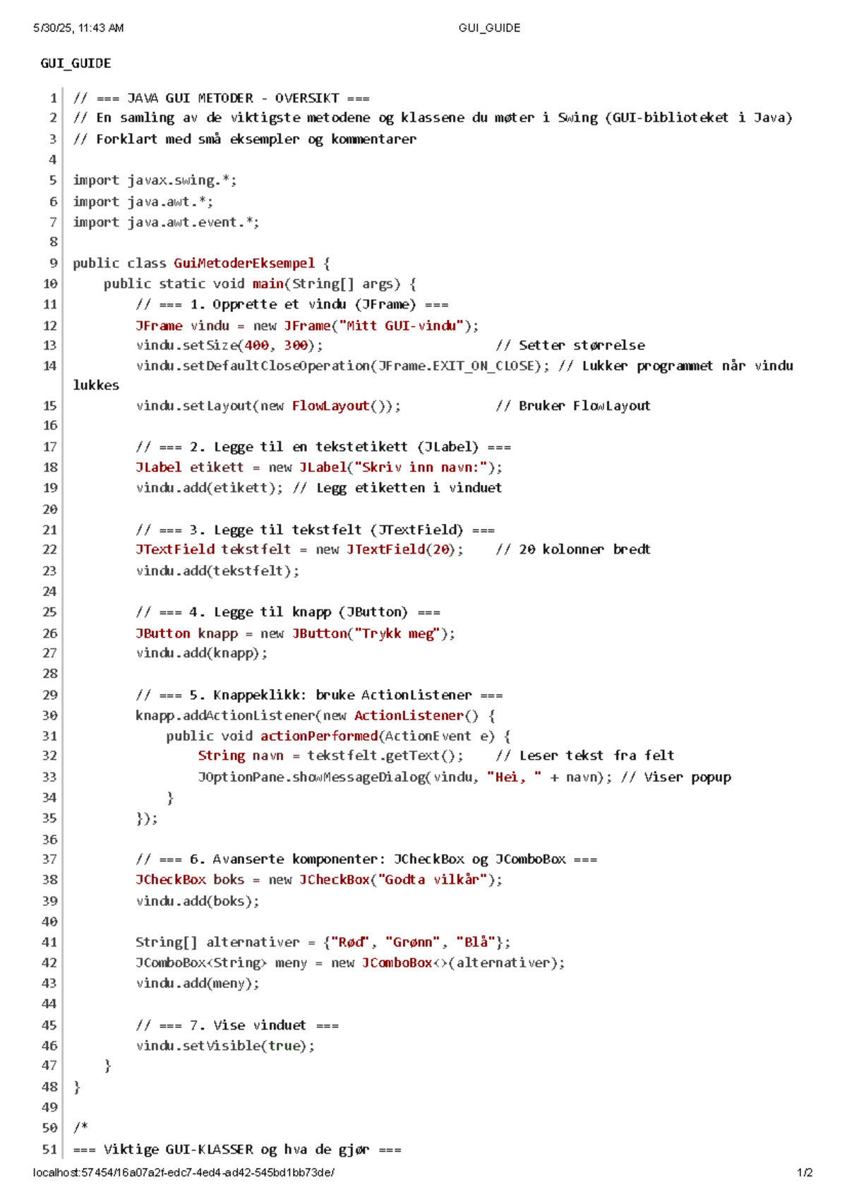 Java GUI Metoder Oversikt: En Guide til Swing Komponenter - Studocu