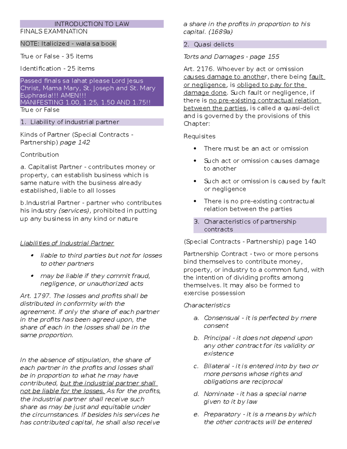 Introduction TO LAW - NOTES - INTRODUCTION TO LAW FINALS EXAMINATION ...