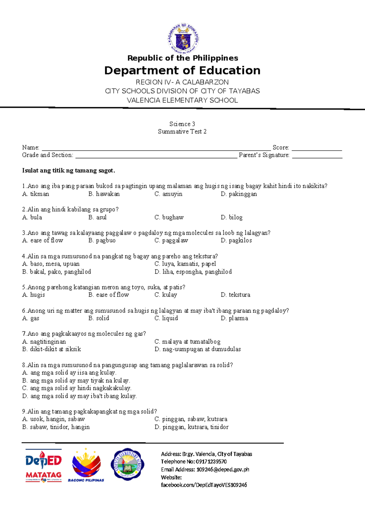 Science 3 - Summative Test 2 Worksheet for Grade 3 Students - Studocu