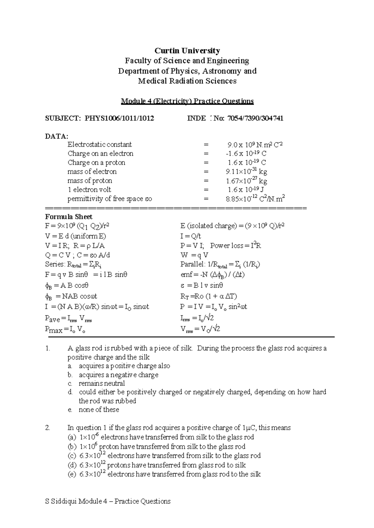 Module 4 (Electricity) Practice Questions - Curtin University - Studocu