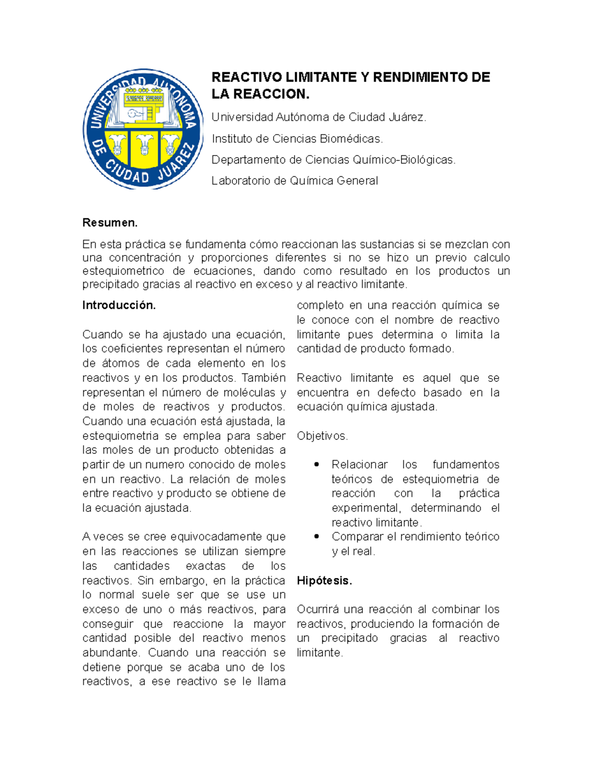 Practica 11 Lab - Reporte - REACTIVO LIMITANTE Y RENDIMIENTO DE LA REACCION. Universidad ...