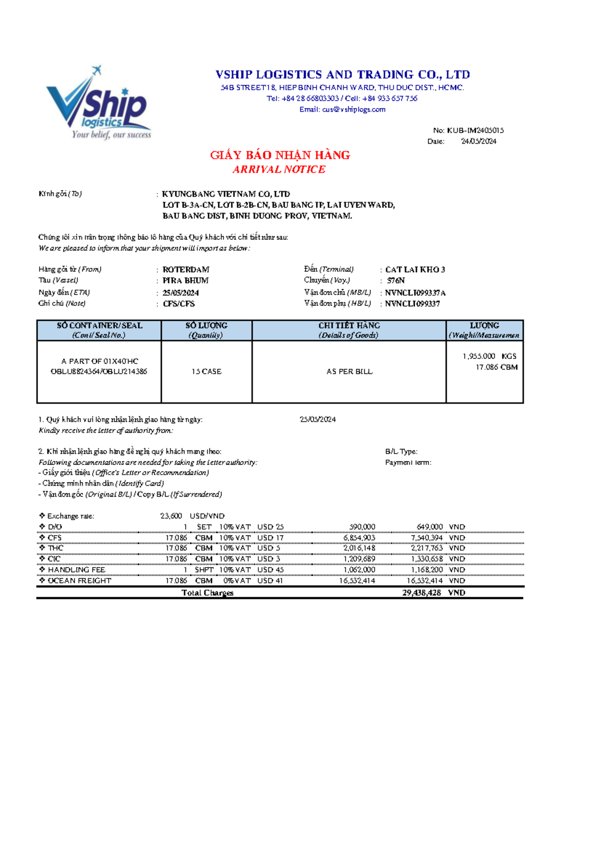 KUB-IM Arrival Notice for Shipment from Rotterdam - VSHIP Logistics ...