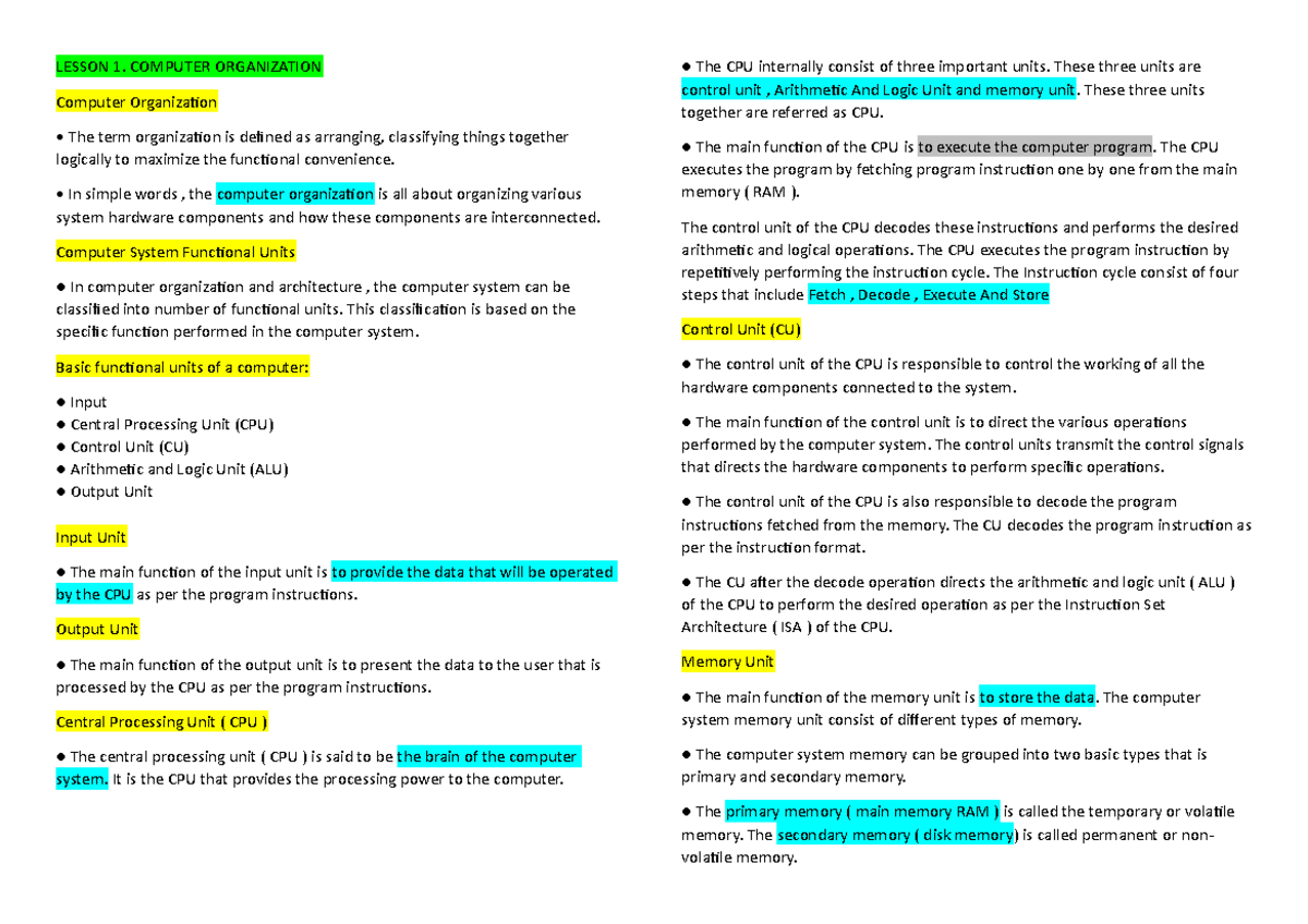Computer Fundamentals and Programming - Lecture Notes on Lesson 1 ...