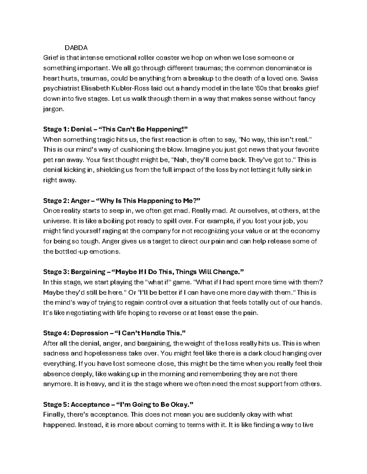 DABDA 220: Understanding the Five Stages of Grief Explained - Studocu