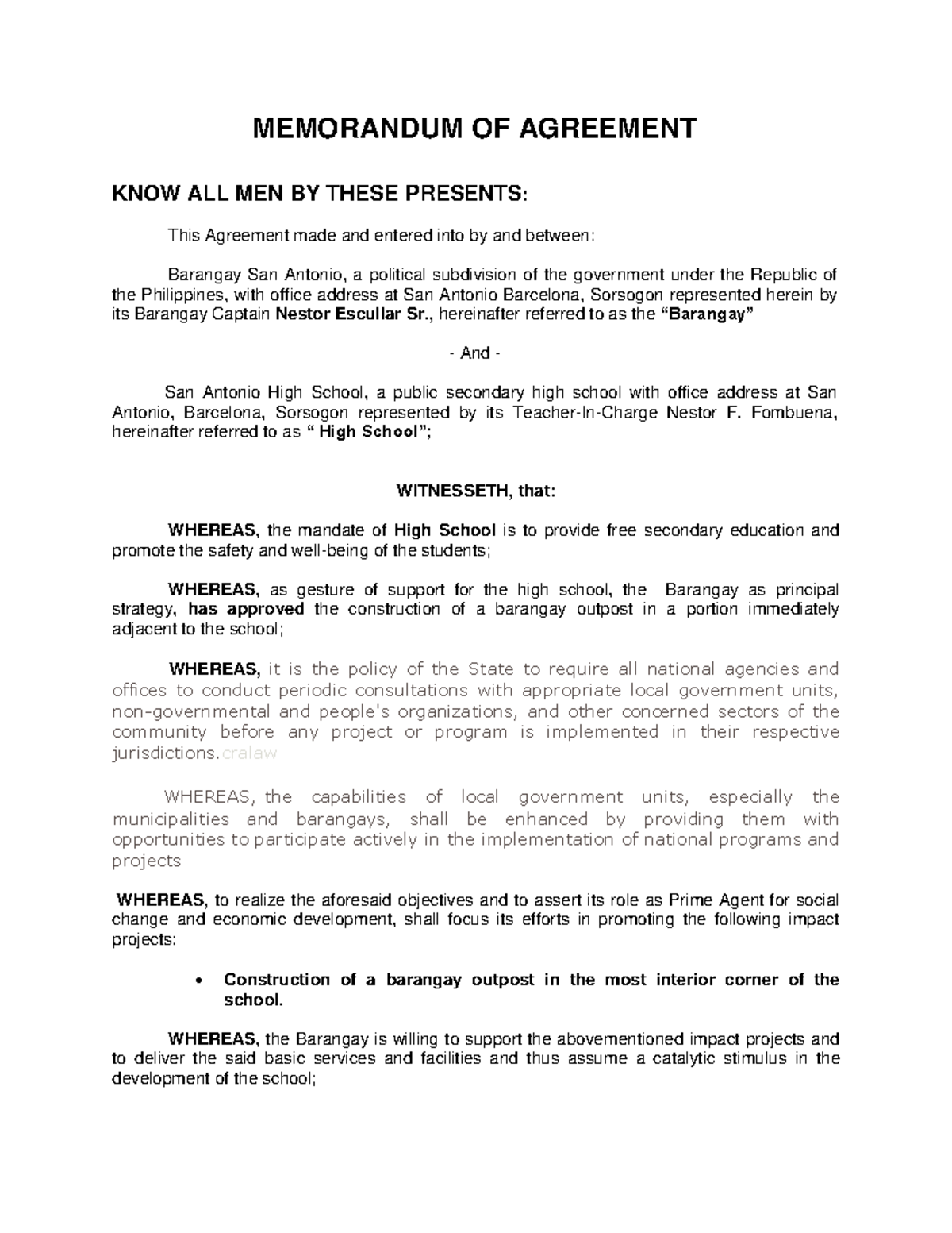 Barangay-SHS MOA for Construction of Security Outpost - Studocu
