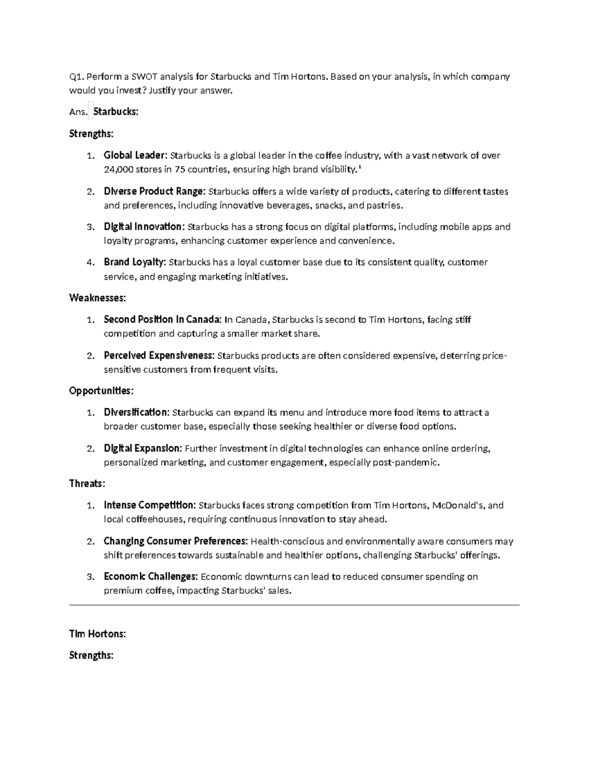 Marketing Case Study: Starbucks vs. Tim Hortons (SWOT Analysis) - Studocu