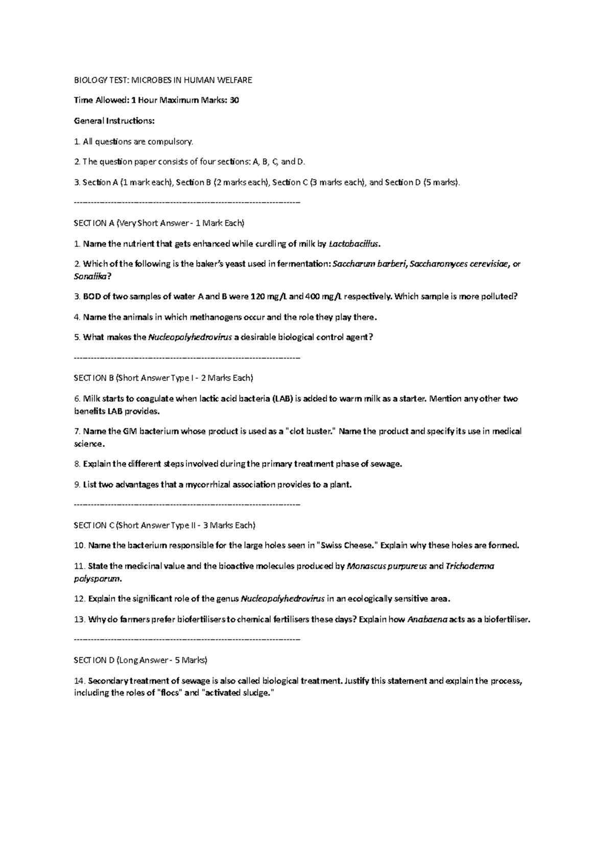 BIOLOGY TEST: MICROBES IN HUMAN WELFARE (BIO-101) - Studocu