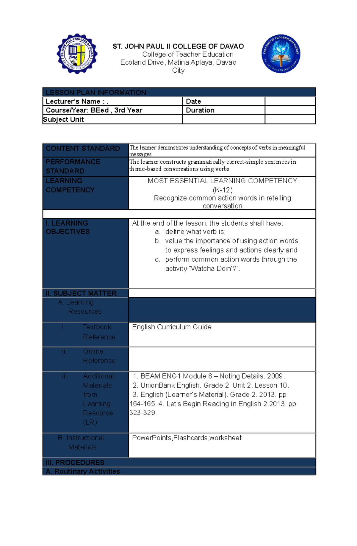 BEEd 3rd Year Lesson Plan: Understanding Verbs in Action - Studocu
