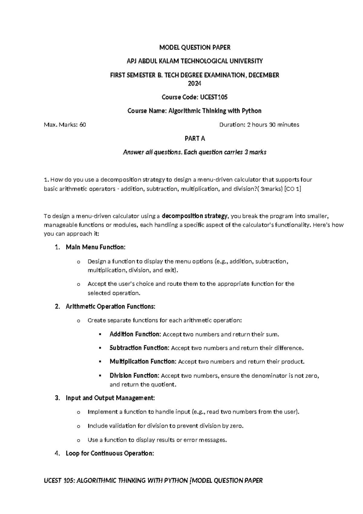 UCEST 105 - Model Question Paper and Solutions for Algorithmic Thinking ...