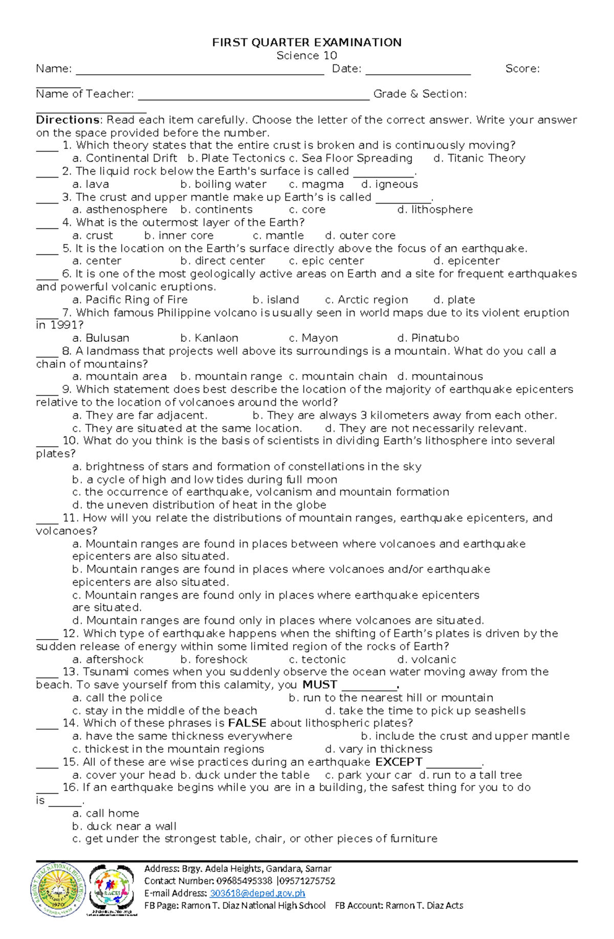 Science 10 Quarterly Examination - FIRST QUARTER EXAMINATION Science 10 ...