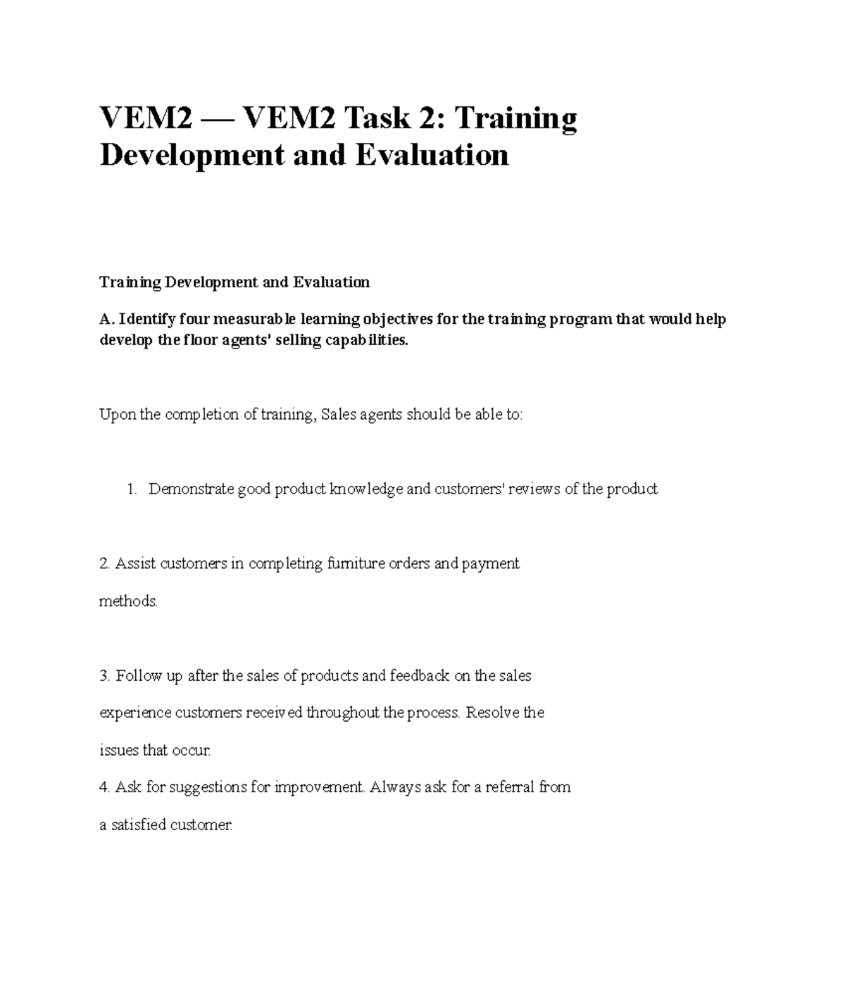 D353 Task 2: Training Development & Evaluation for Sales Agents - Studocu