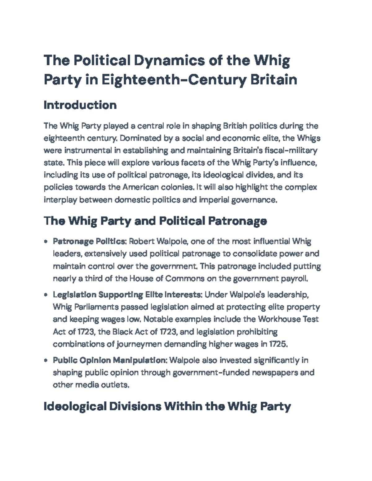 The Political Dynamics of the Whig Party in 18th Century Britain - The ...