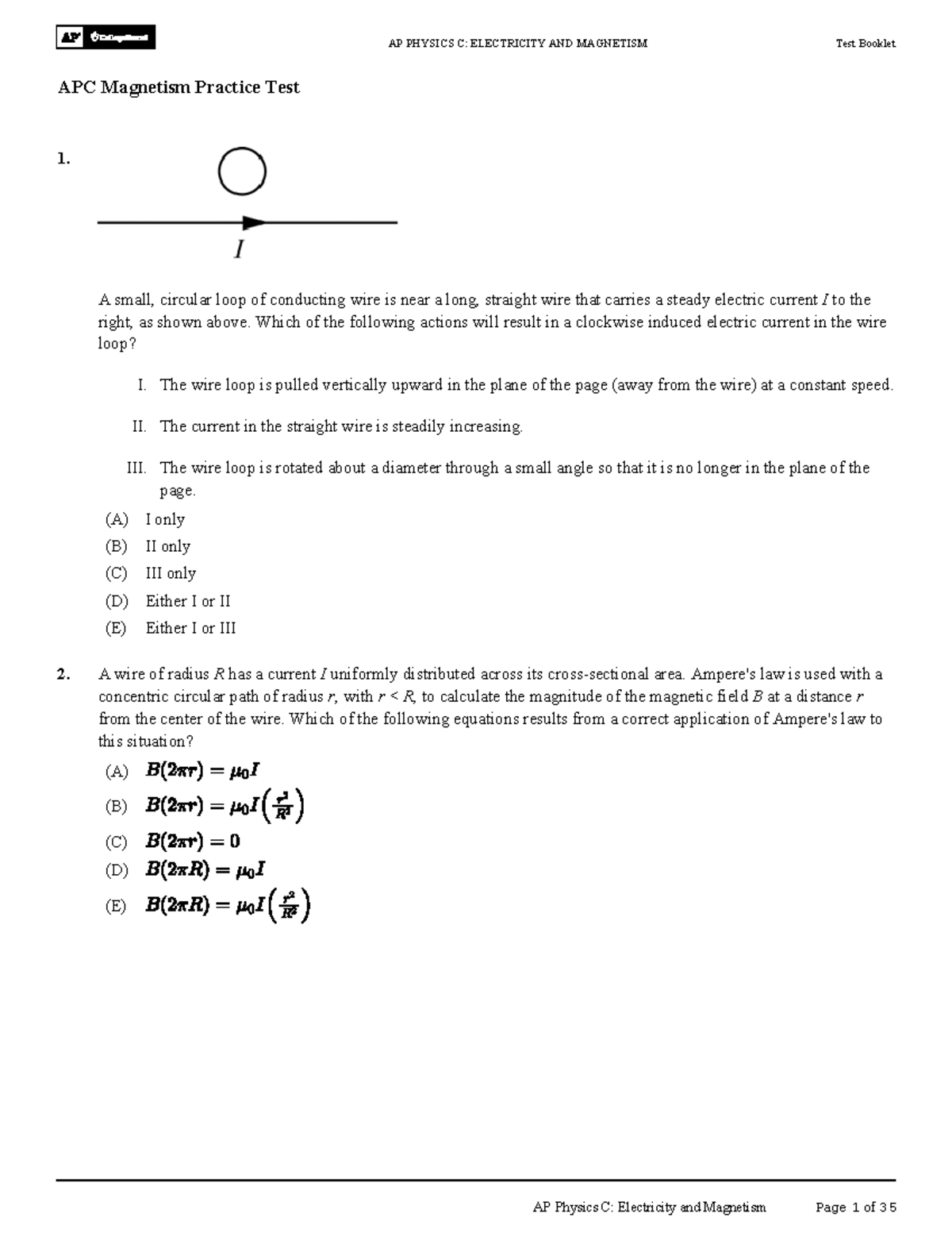 AP PHYSICS C: ELECTRICITY AND MAGNETISM Magnetism Practice MCQ Test ...