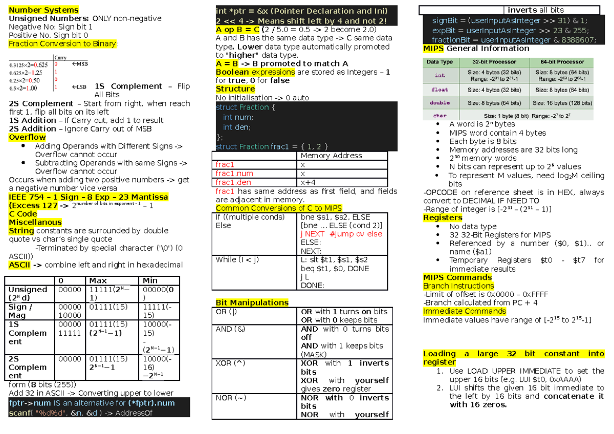 CS2100 Cheatsheet - Summary of the module - Number Systems Unsigned Numbers: ONLY non-negative ...