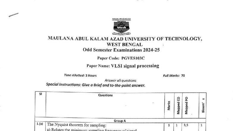 VLSI Signal Processing Exam Paper - PGVES103C - Studocu