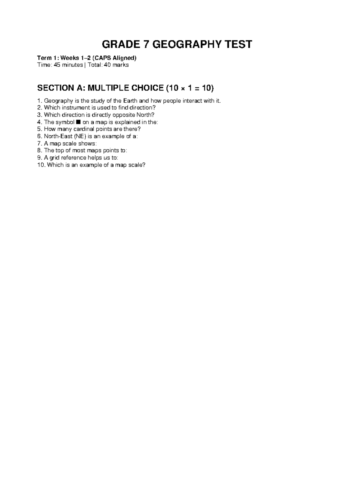Grade 7 Geography Test Term 1: Weeks 1 & 2 with Memo - Studocu