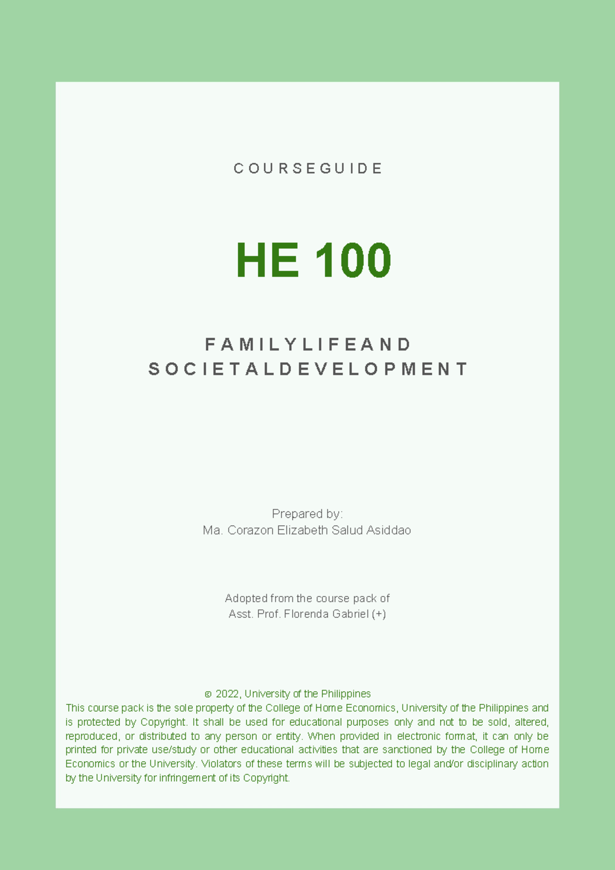 HE 100 Course Pack: Family Life & Societal Development Overview - Studocu