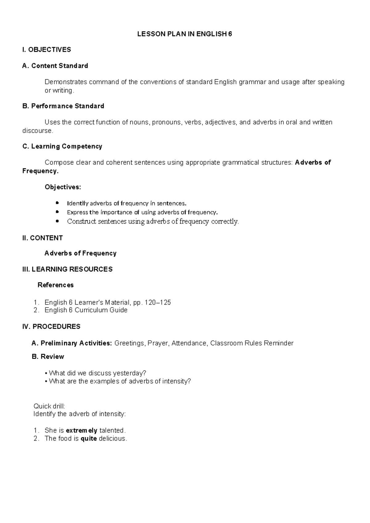 Lesson Plan for English 6: Adverbs of Frequency (Day 2) - Studocu