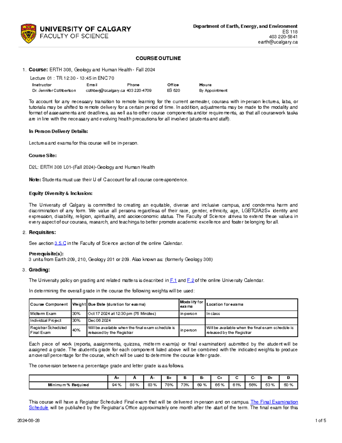 ERTH 308 Lecture 01 Course Outline: Geology & Human Health, Fall 2024 ...