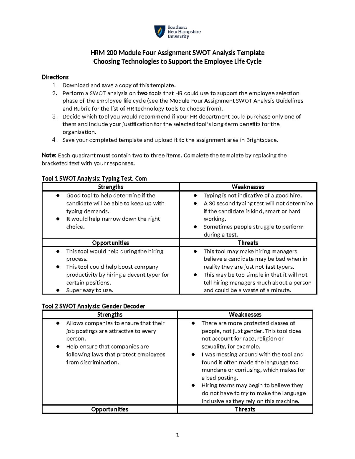 HRM 200 Module Four Assignment SWOT Analysis - Download and save a copy ...