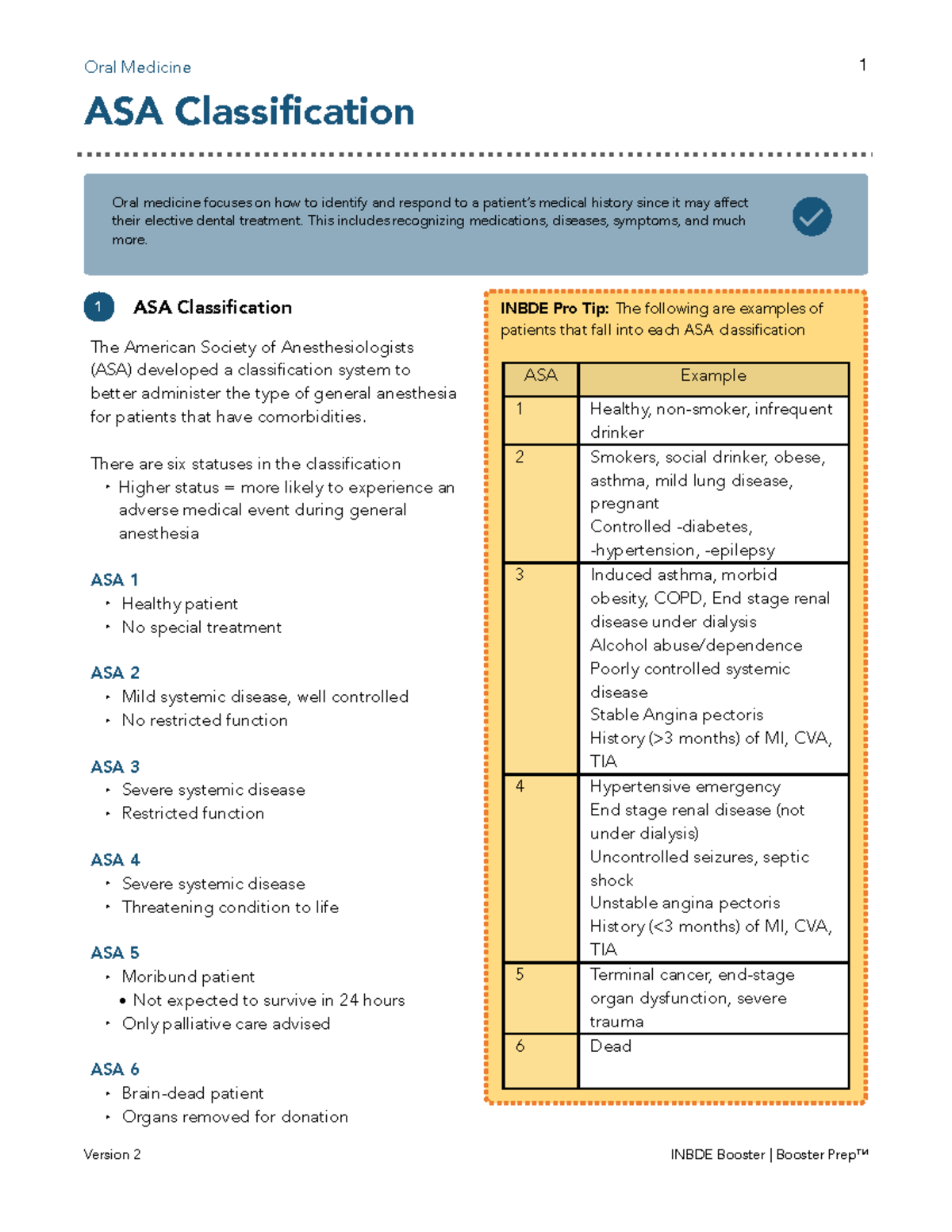 INBDE Oral Medicine: ASA Classification and Pain Management Guide - Studocu
