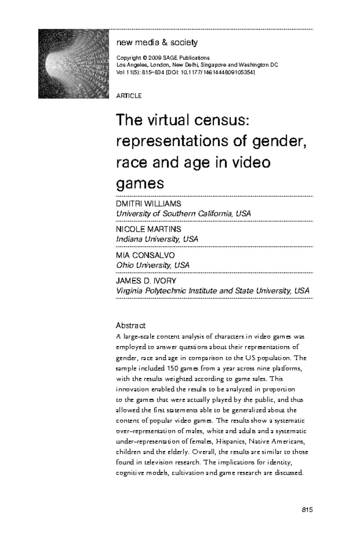 The Virtual Census: Gender, Race, and Age Representation in Video Games (DMITRI - Studocu
