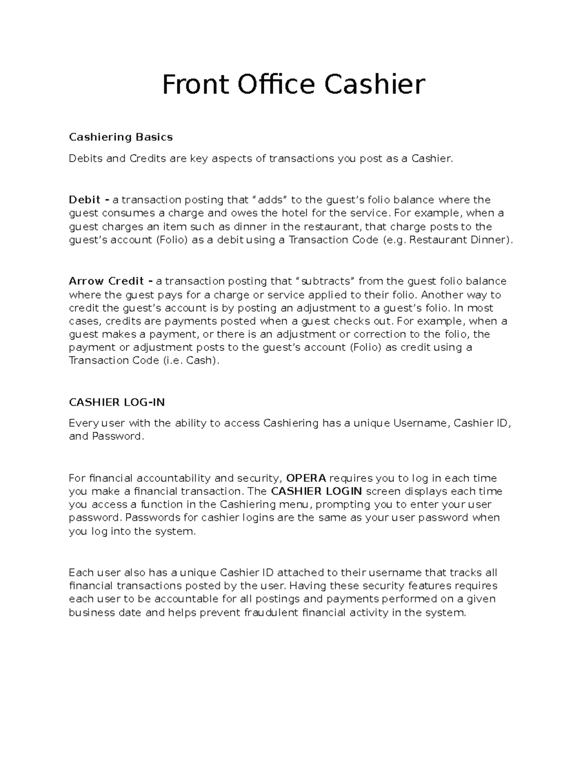 Front Office Cashier - Study Guide for OPERA System - Studocu