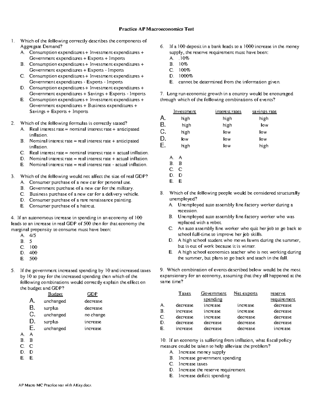 AP Macro MC Practice Test with Answer Key - Studocu