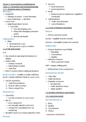 Gcse theme 1 revision notes condensed - Theme 1: investigating a small ...