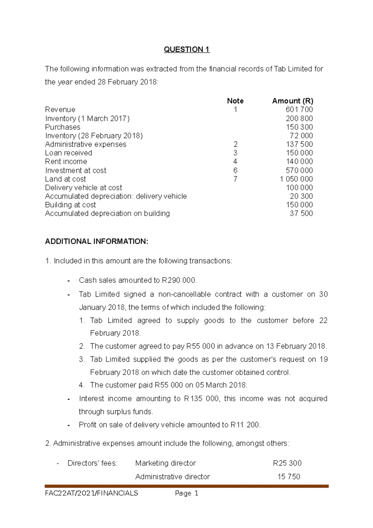 Financial Statement Exercises - Copy - QUESTION 1 The following information was extracted from ...