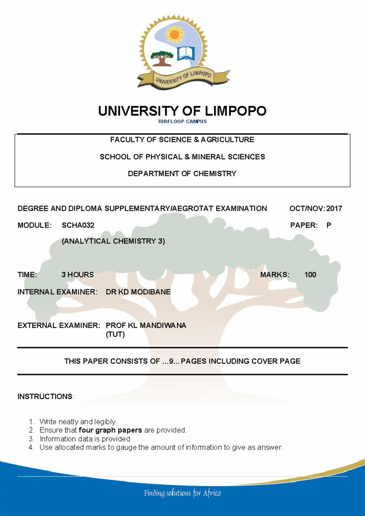 2019-SCHA032 Special test - UNIVERSITY OF LIMPOPO TURFLOOP CAMPUS ...