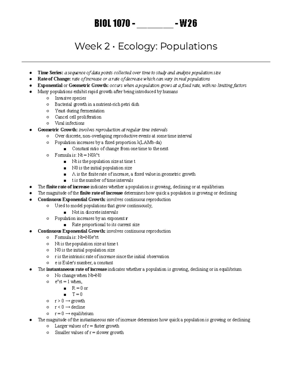 BIOL 1070 W26 Week 2: Ecology of Populations and Growth Dynamics - Studocu