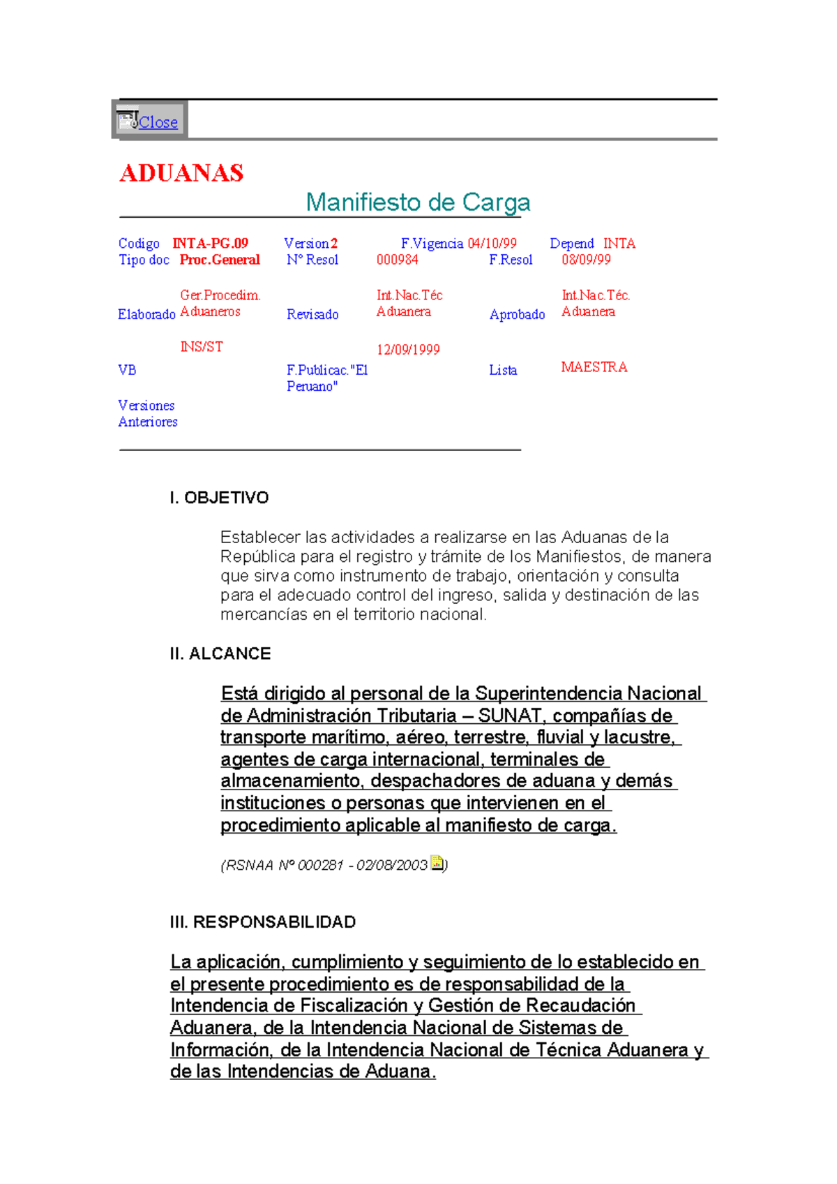 Procedimiento General para el Manifiesto de Carga - ADUANAS (RSNAA Nº ...