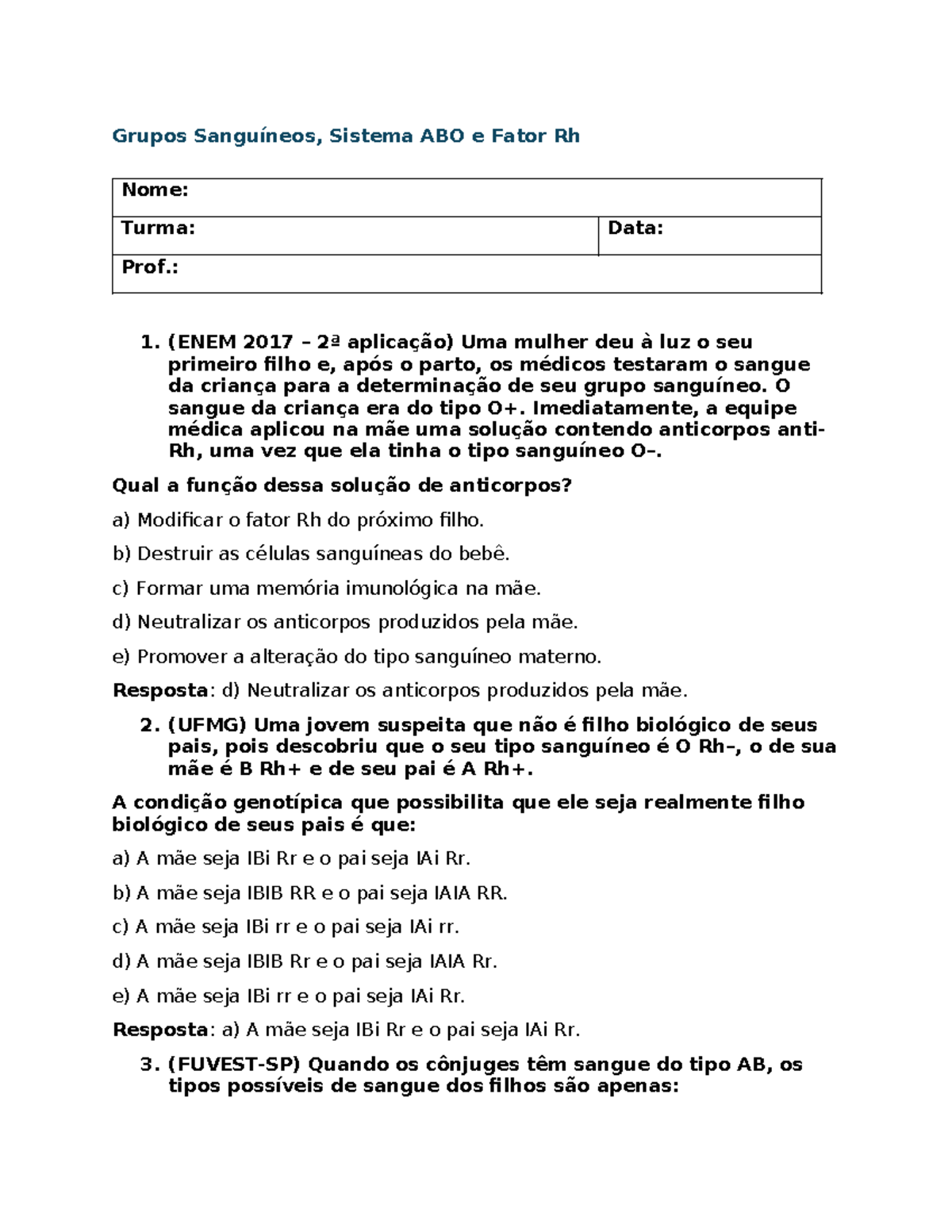 Exercícios sobre Grupos Sanguíneos e o Sistema ABO - Aula de Biologia - Studocu