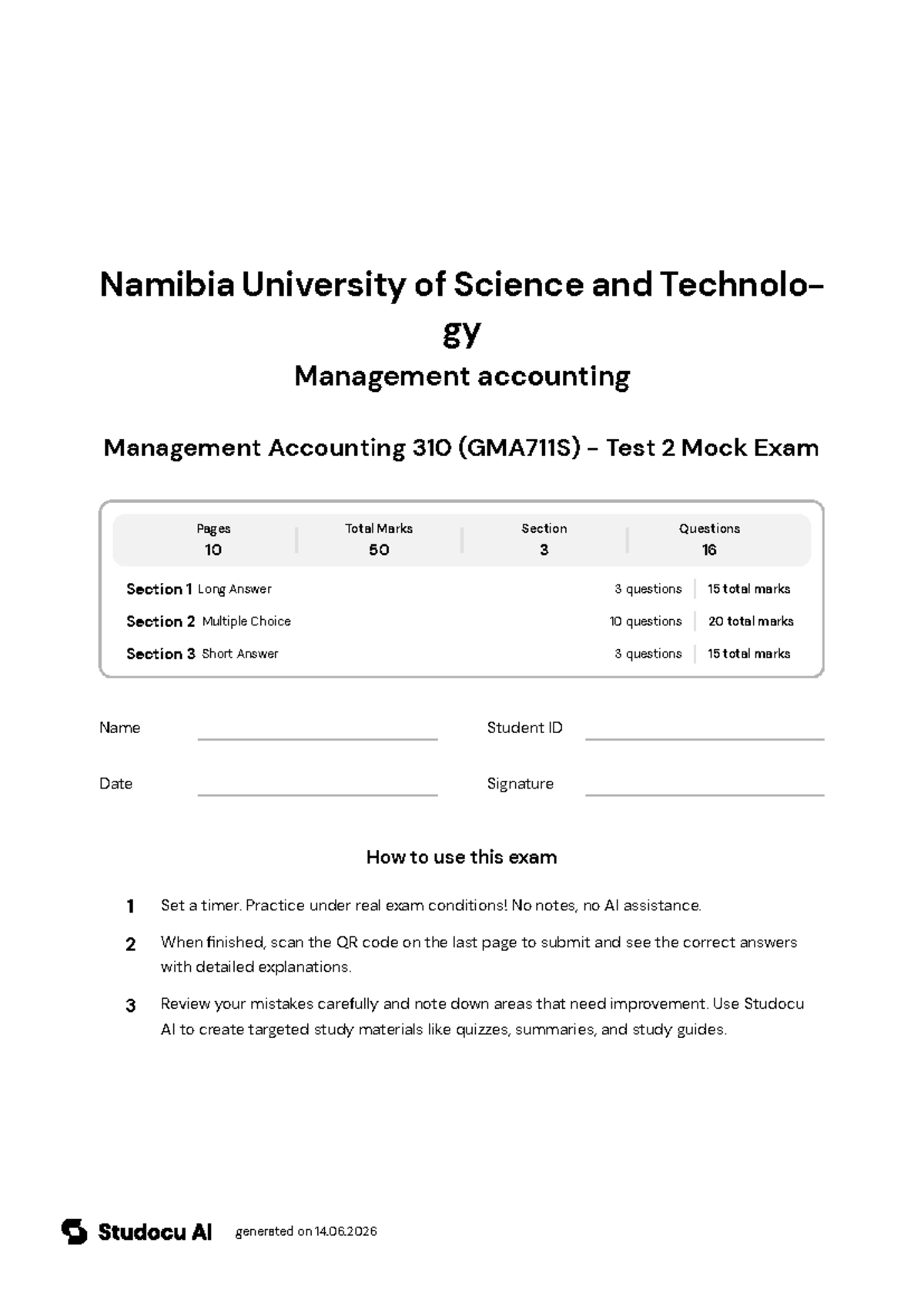 Management Accounting 310 - Test 2 Mock Exam - Studocu