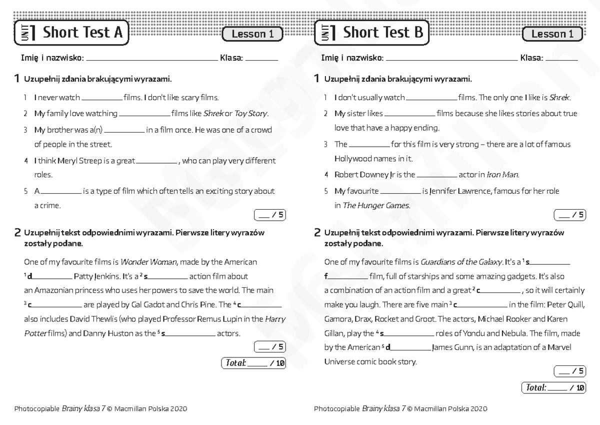 Brainy KL7 Short Tests: Unit 1, Lesson 1 Assessment - Studocu