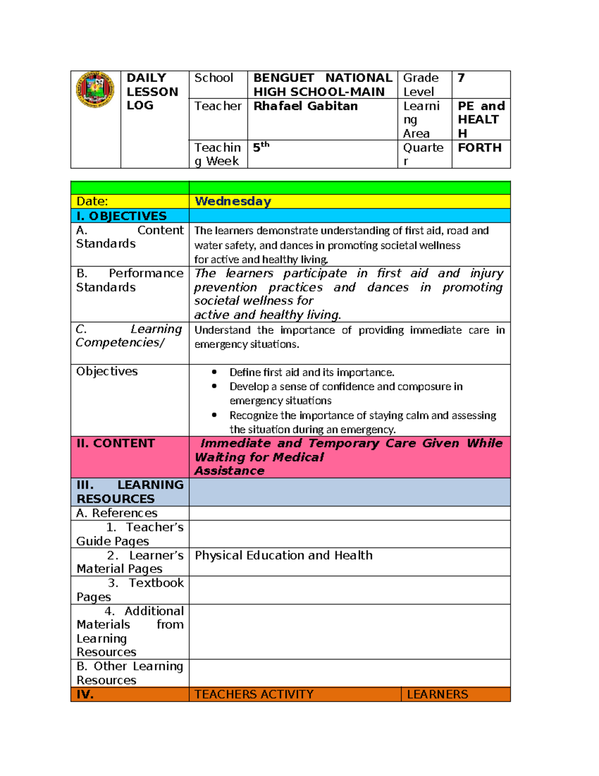 Detailed - lesson plan - DAILY LESSON LOG School BENGUET NATIONAL HIGH ...