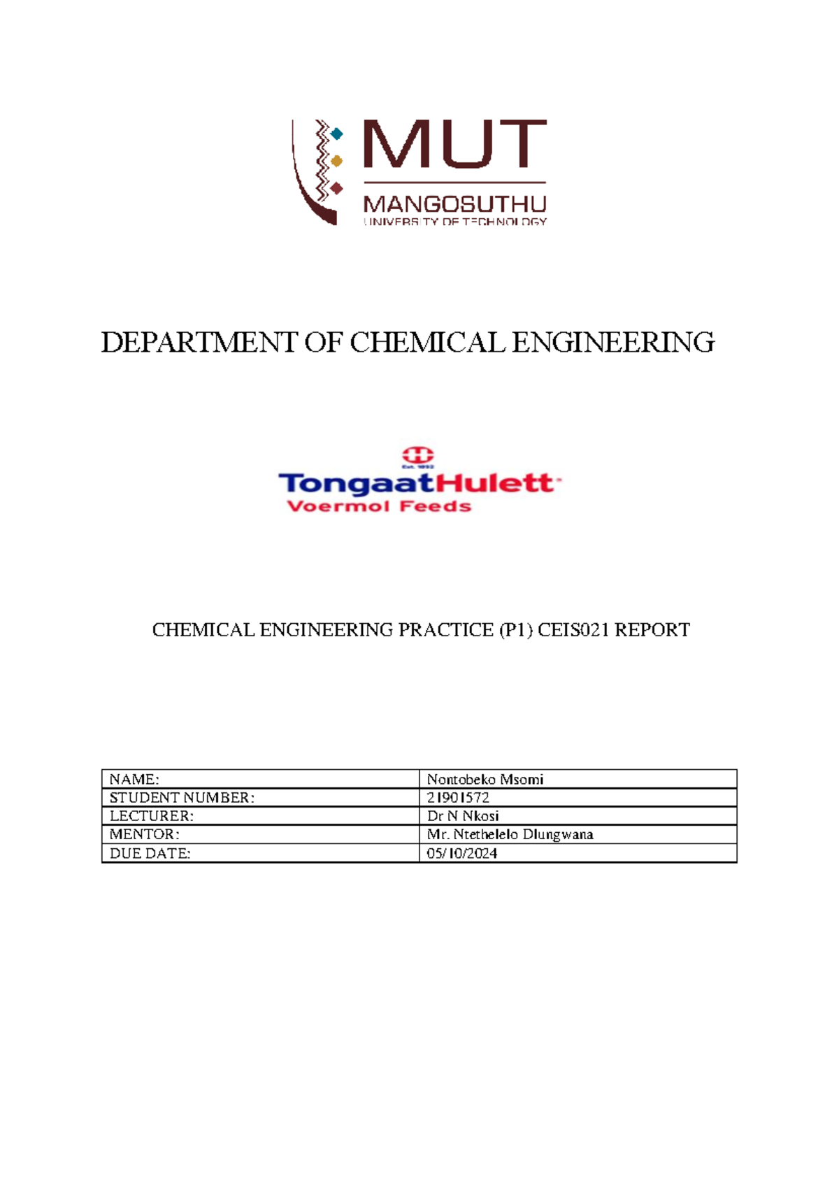 Chemical Engineering Practice (P1) CEIS021 Project Report by N. Msomi ...