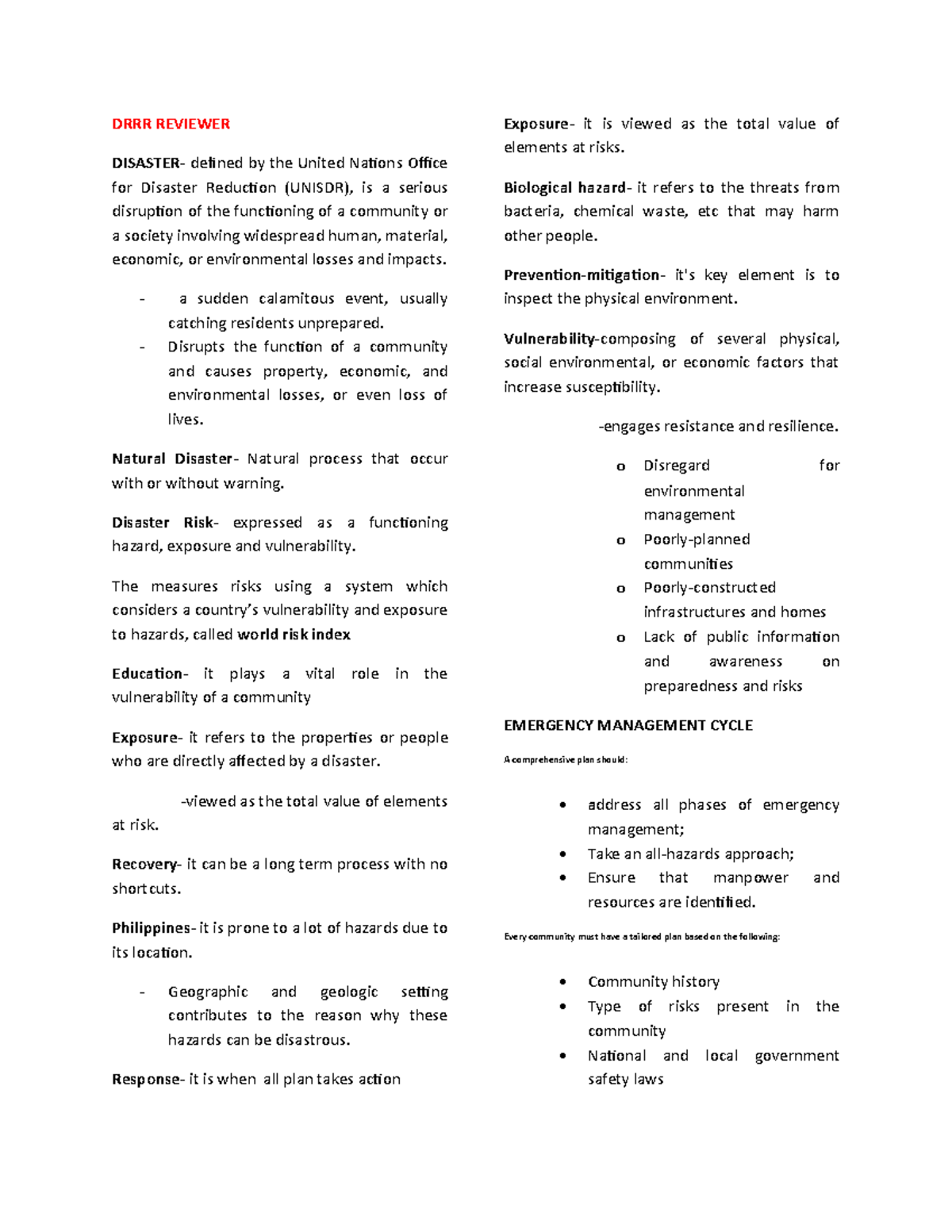 Pdfcoffee - DRRR REVIEWER DISASTER- defined by the United Nations ...