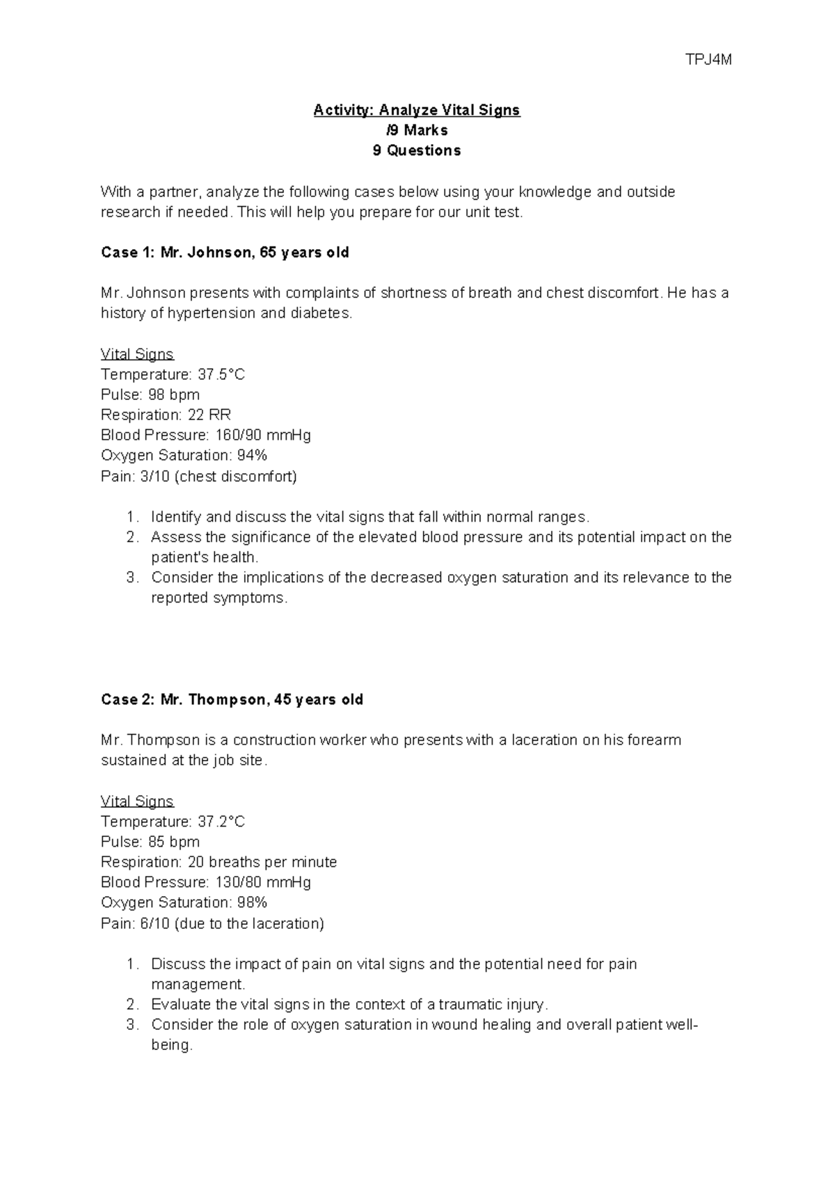 TPJ4M Activity: Analyzing Vital Signs for Unit Test Preparation - Studocu