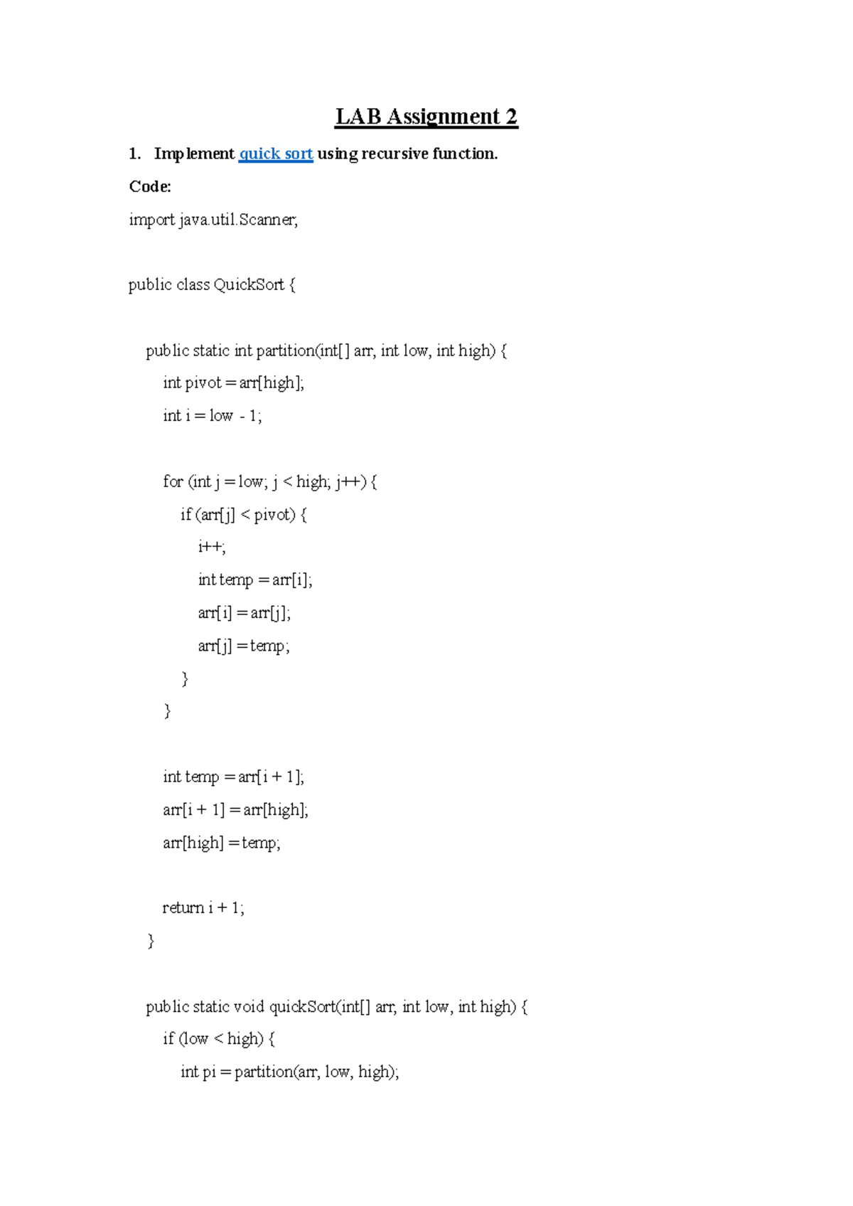 DAA LAB 2: Implementing Quick Sort with Recursion - Studocu