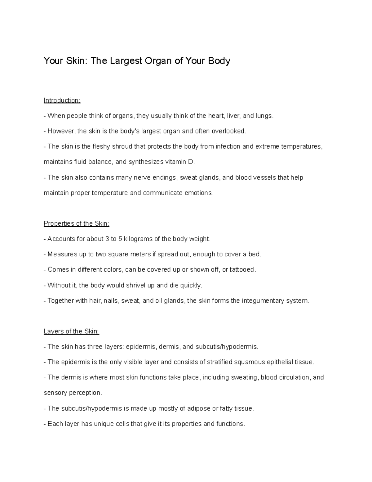 Skin notes Part 1 - Your Skin: The Largest Organ of Your Body ...