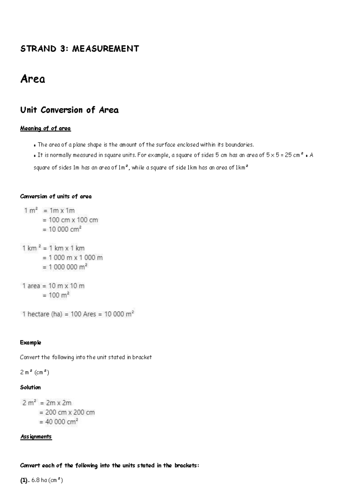 Grade 9 Mathematics Notes: Measurement (Strand 3) - Area & Unit ...